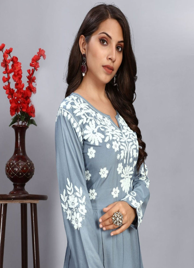 Buy Grey Rayon Bias Cut Thread Work Dress in UK - Diya Online