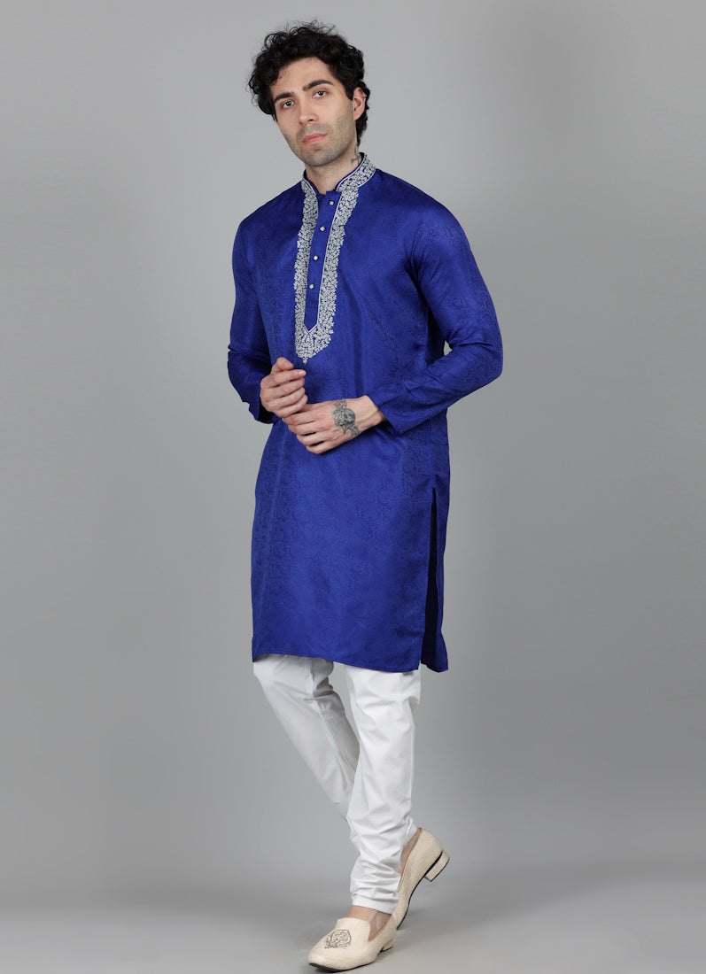 Buy Men's Royal Blue Resham Brocade Embroidered Set in UK - Diya Online