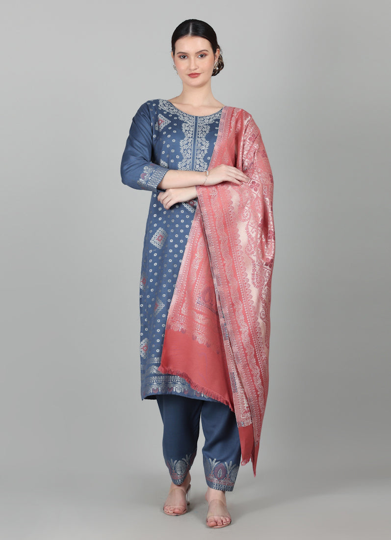 Buy Blue Straight Cut Shawl Suit Set in UK - Diya Online