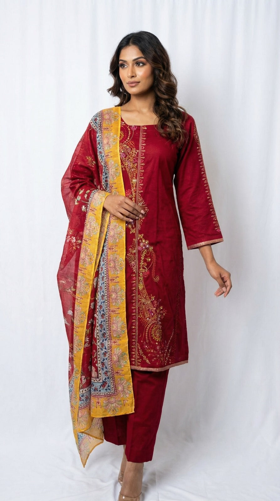 Buy Maroon Lawn Zari Embroidered Suit Set in UK - Diya Online