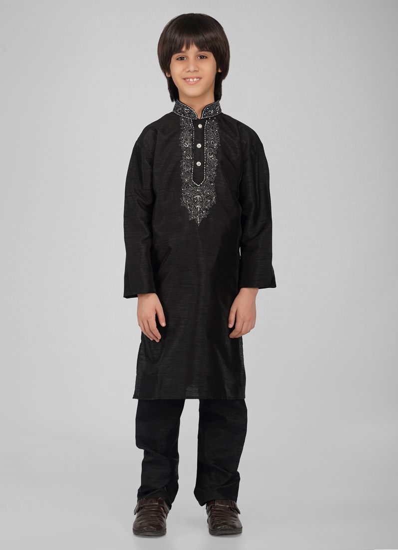 Buy Boy's Black Zari Embroidered Raw Silk Kurta Pajama Set in UK - Diya ...