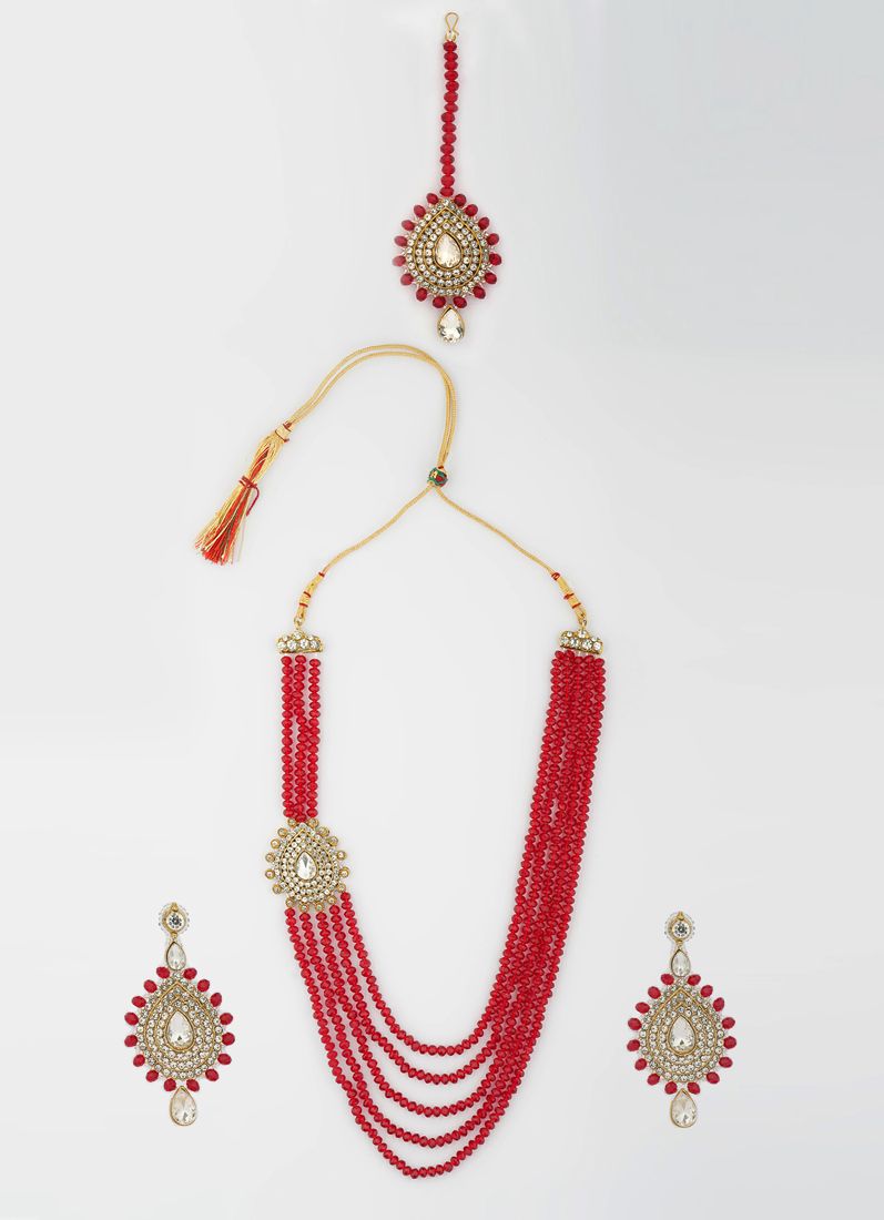 Buy Maroon Crystal Dimaonte Necklace Set in UK - Diya Online