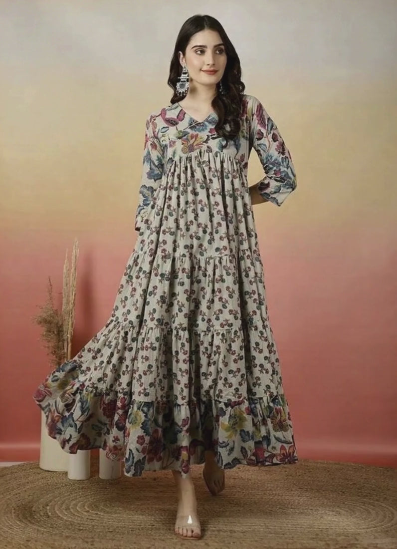 Buy Grey Cotton Flared Printed Dress in UK - Diya Online